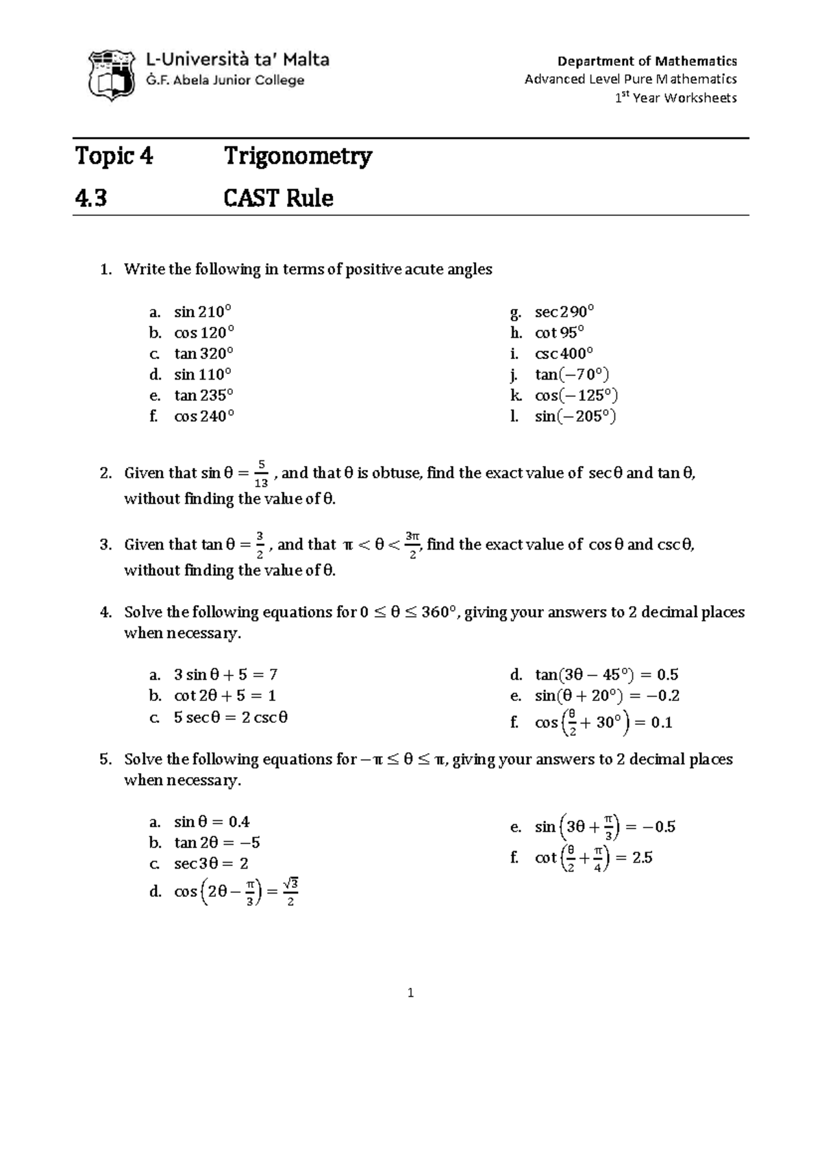Trig 3 - CAST Rule: Advanced Pure Math Worksheets - Studocu