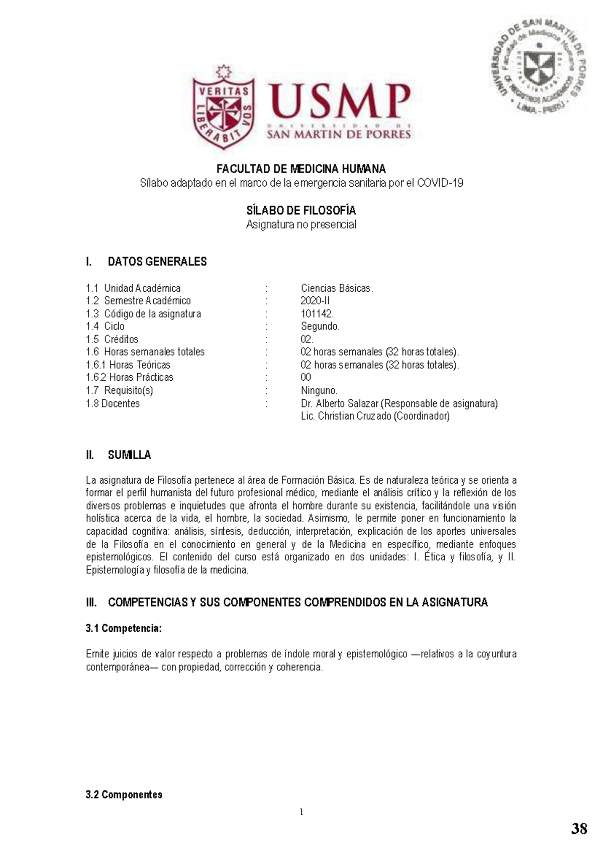 Sílabo de Filosofía 101142 - Emergencia Sanitaria y Ética Médica - Studocu