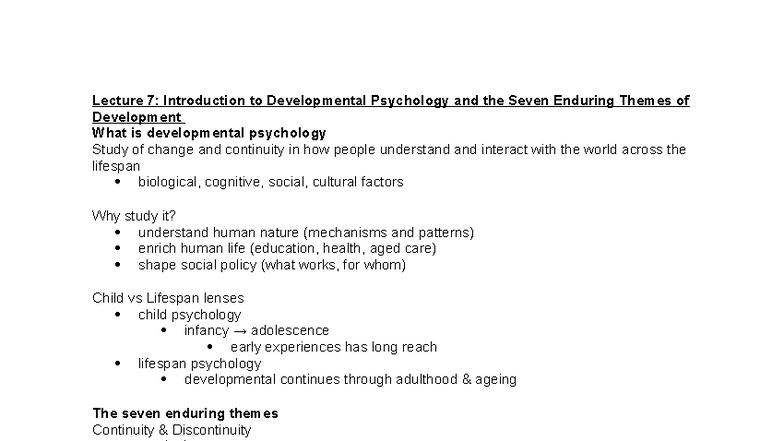 Lecture 7: Dev Psych & Enduring Themes of Development - Studocu