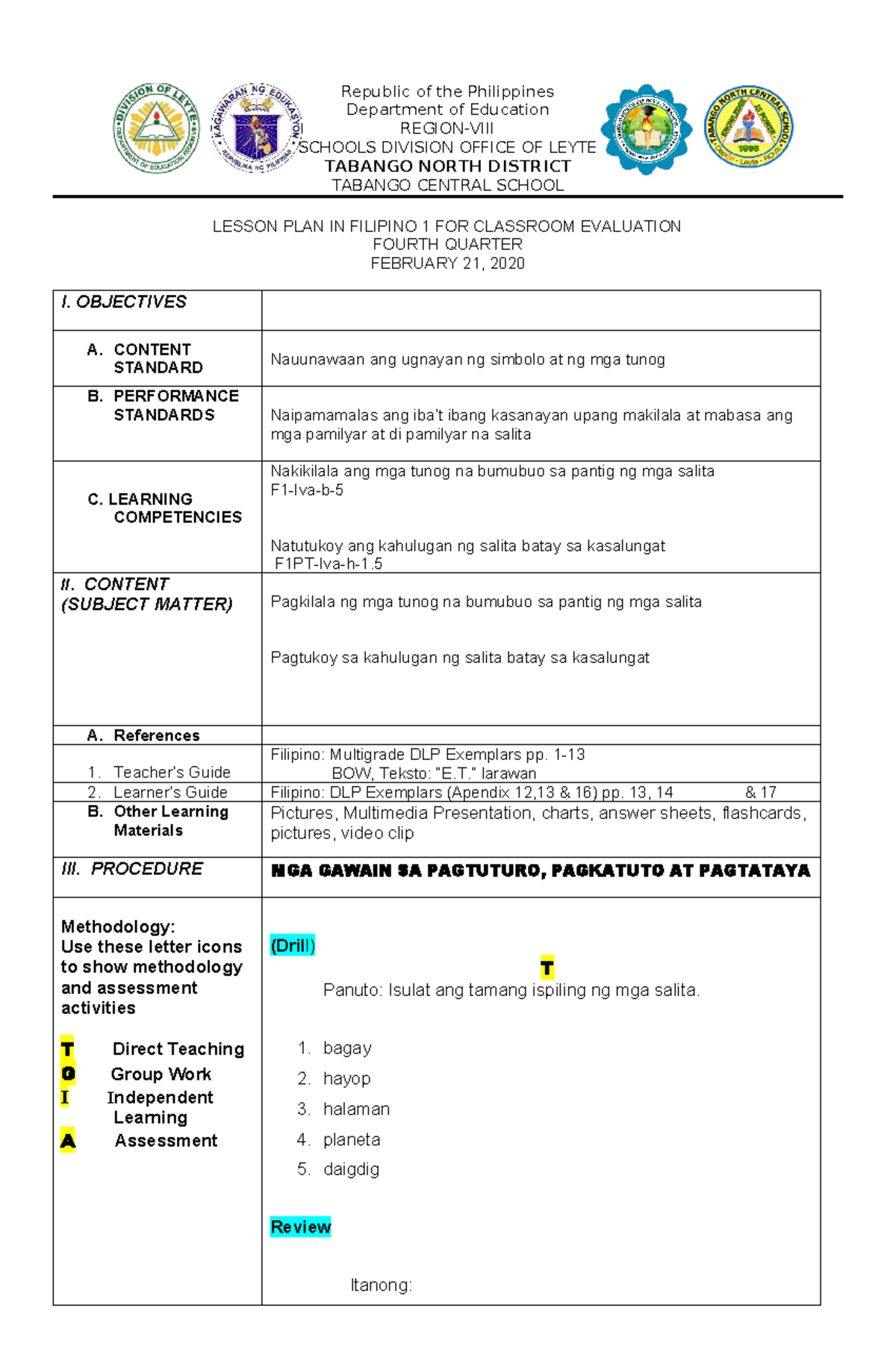 Lesson Plan in Filipino 1 for 4th Quarter Classroom Evaluation - Studocu