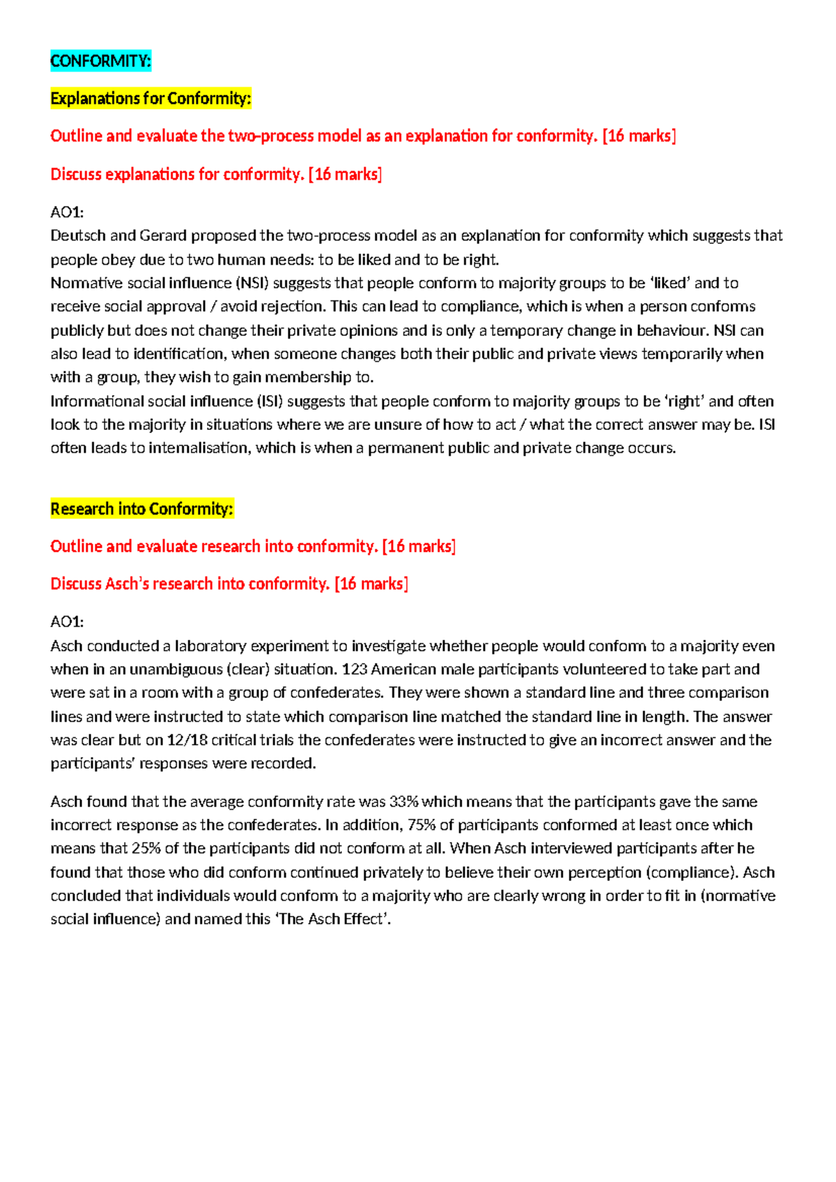 Social Influence - AO1 Model Answers: Conformity, Obedience ...