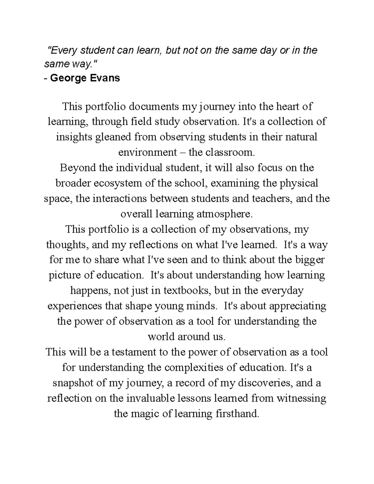 Introduction - Sample of FS1 FS2 intro for portfolio - "Every student ...