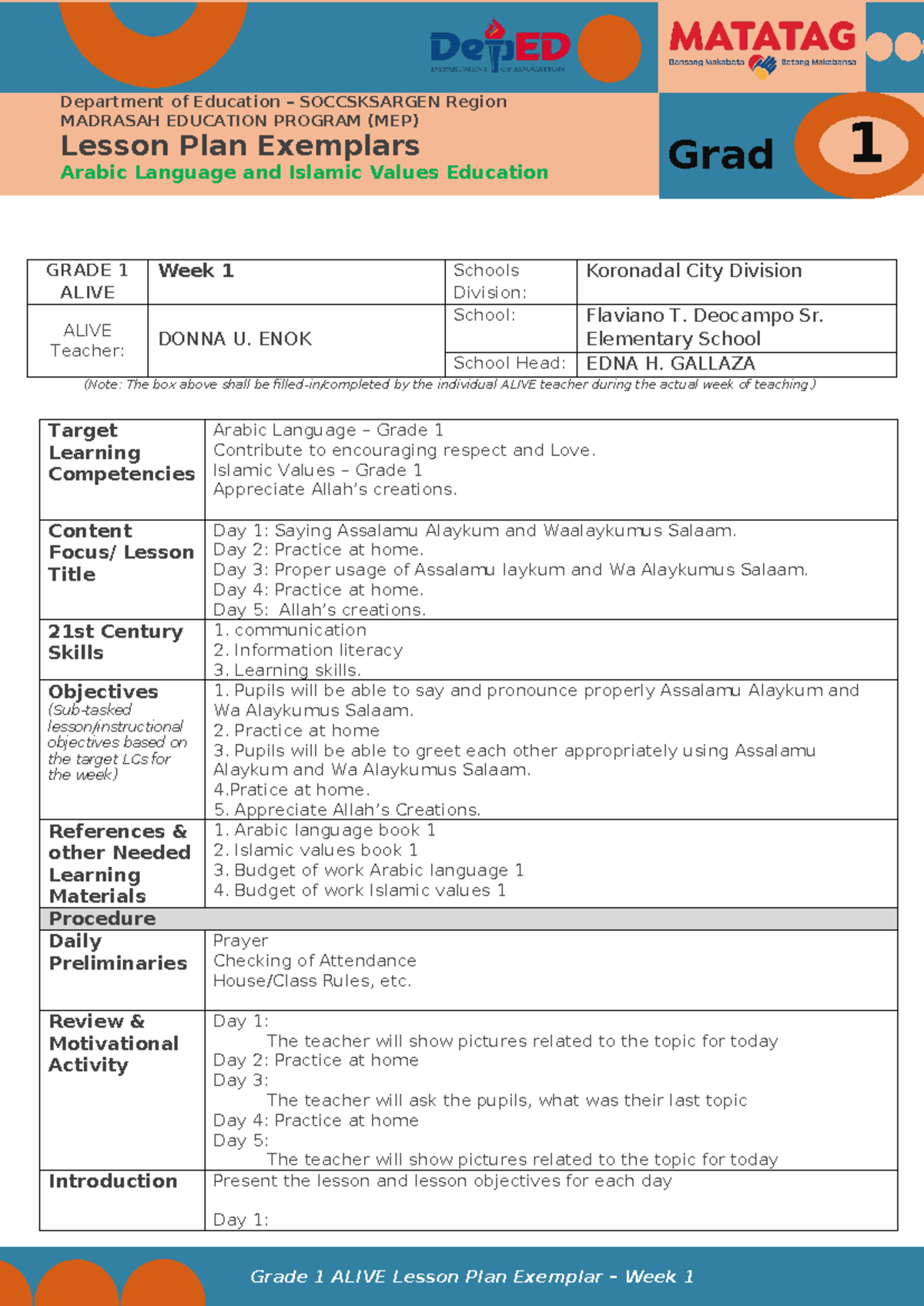 Grade 1 Arabic & Islamic Values Lesson Plan by Teacher Donna U. Enok ...