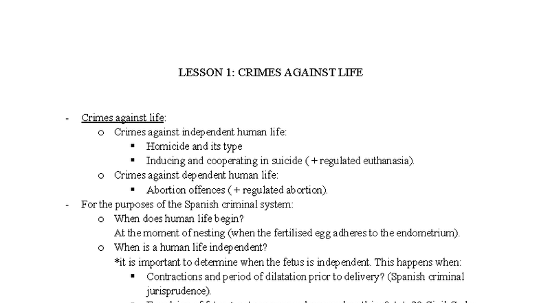 LESSON 1: CRIMES AGAINST LIFE - Spanish Criminal Law Overview - Studocu