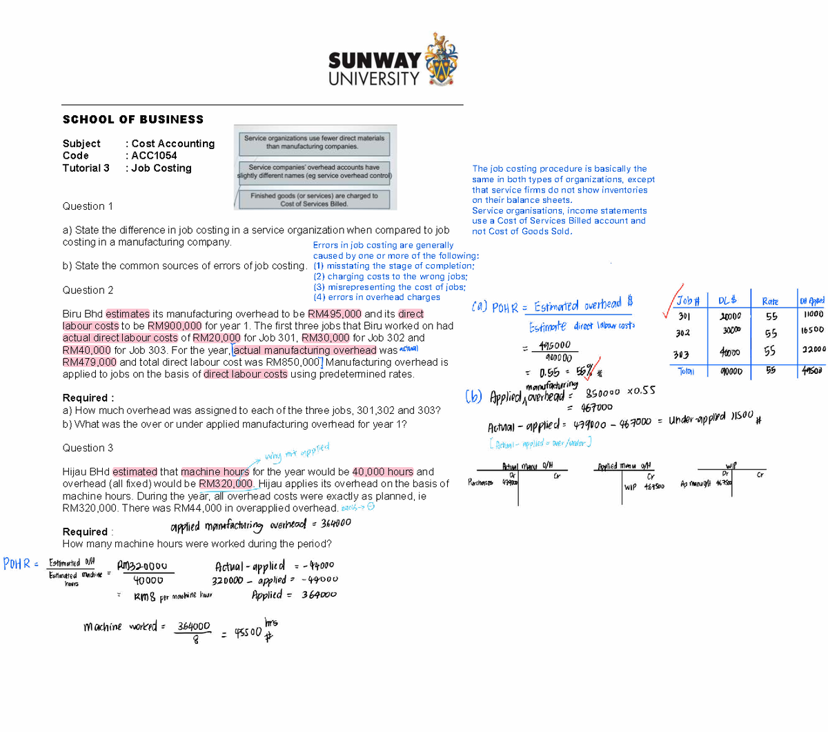 Tutorial 3: Cost Accounting ACC1054 - Job Costing Analysis and Errors ...