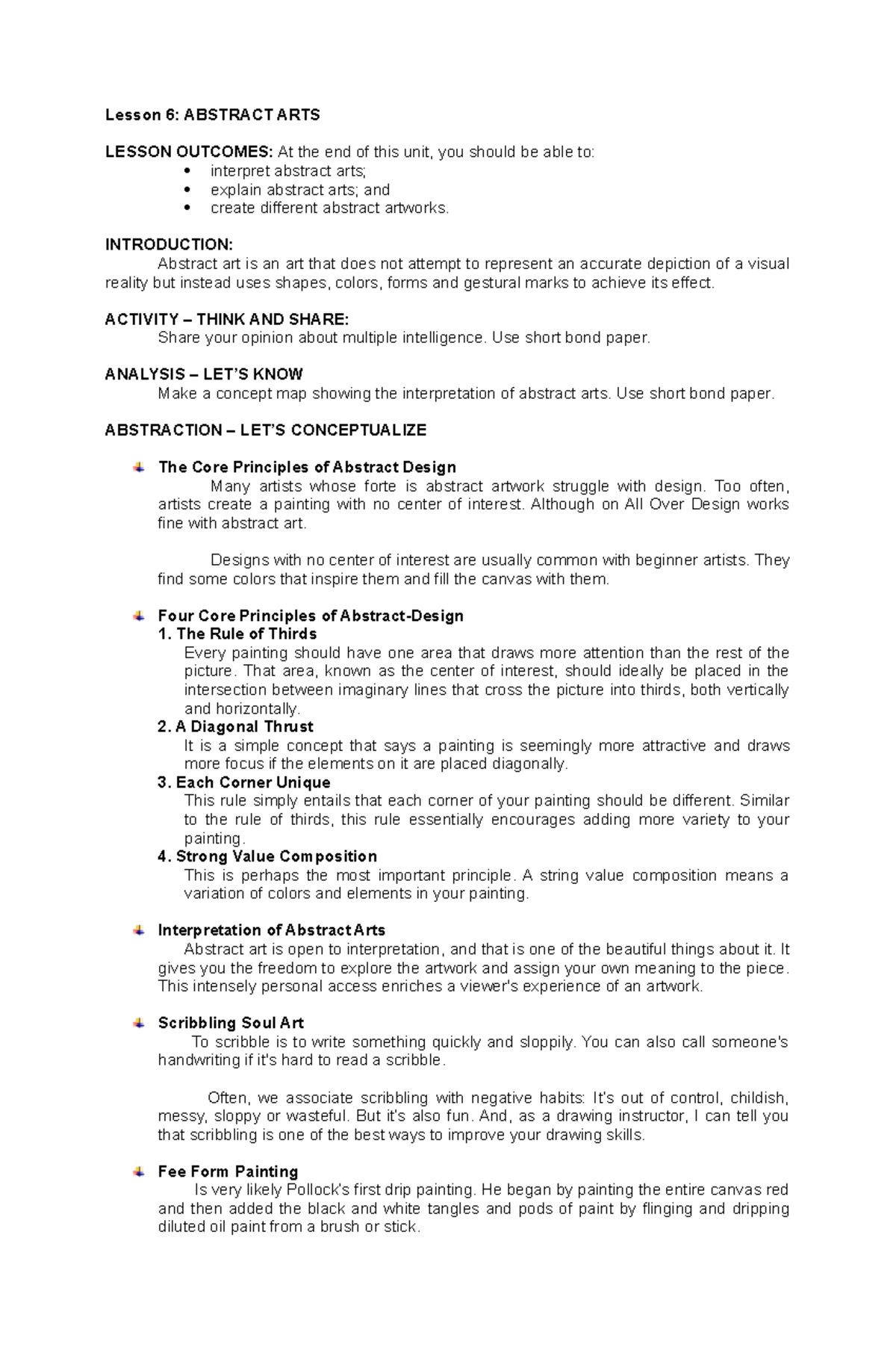 Lesson 6 Art Appreciation - Lesson 6: ABSTRACT ARTS LESSON OUTCOMES: At ...