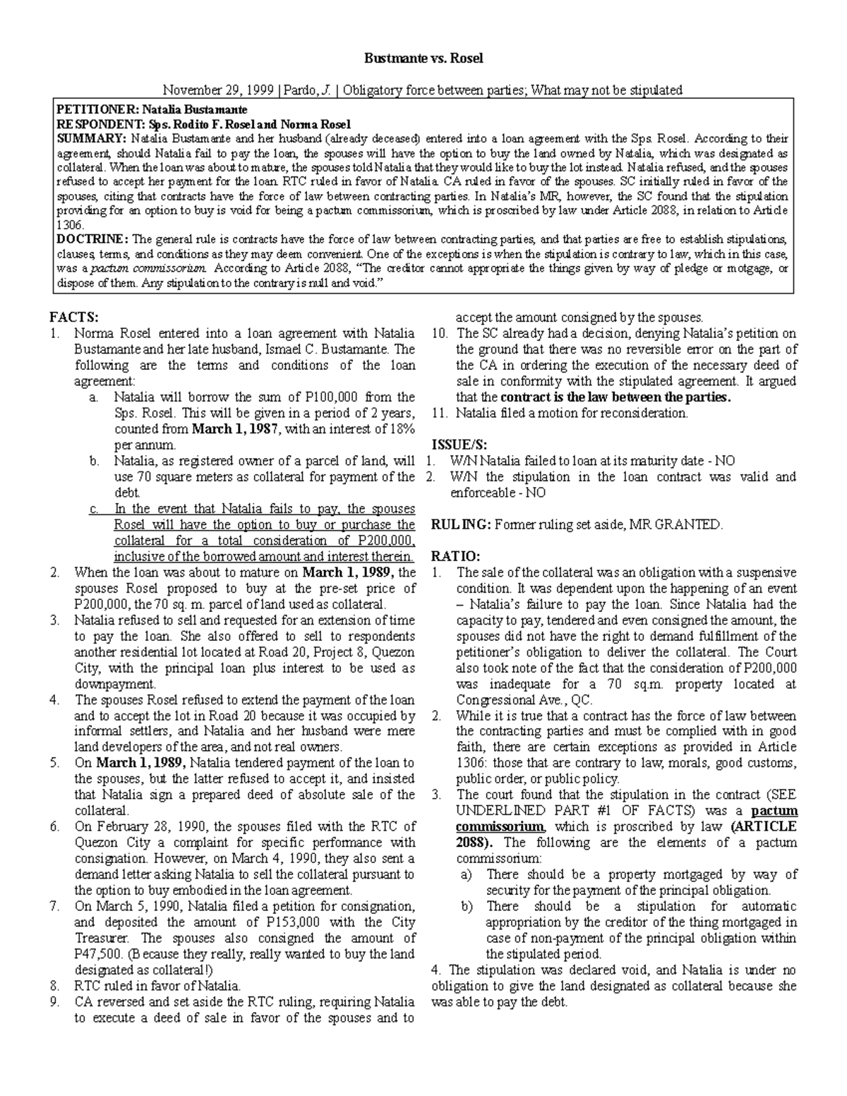 Bustamante vs. Rosel: Obligatory Force in Loan Agreements (Oblicon Case ...