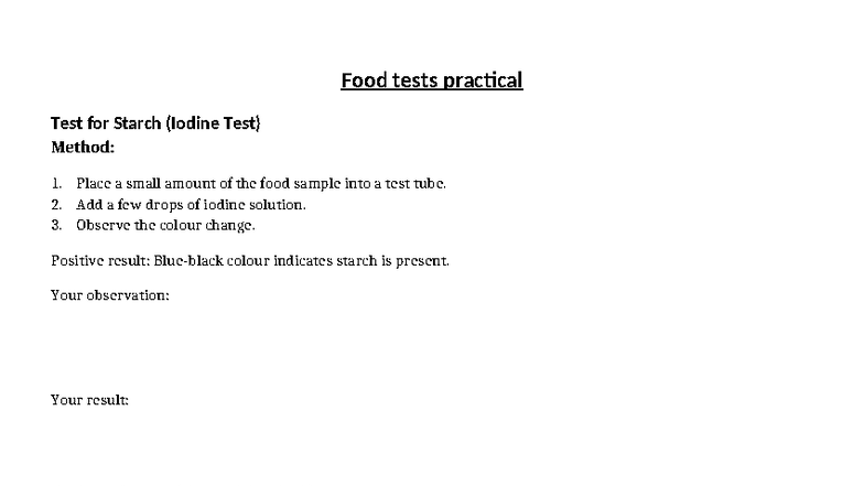KS3 Food Tests Practical: Starch & Sugar Tests Worksheet - Studocu