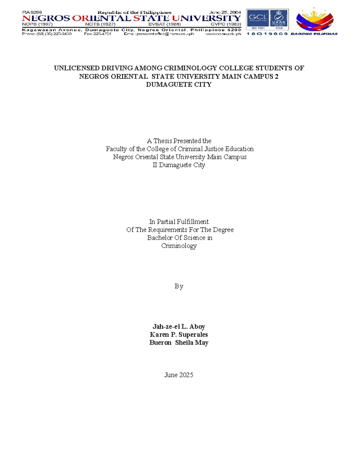 Unlicensed Driving Among Criminology Students: A Study at NORSU Main ...