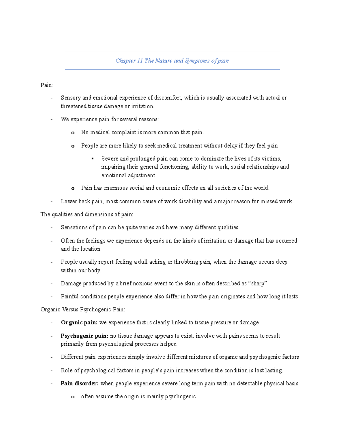 Chapter 11: Understanding Pain - Nature, Symptoms, and Types - Studocu