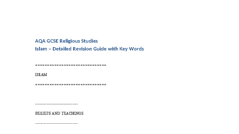 GCSE RS Islam Detailed Revision Guide: Key Concepts & Teachings - Studocu