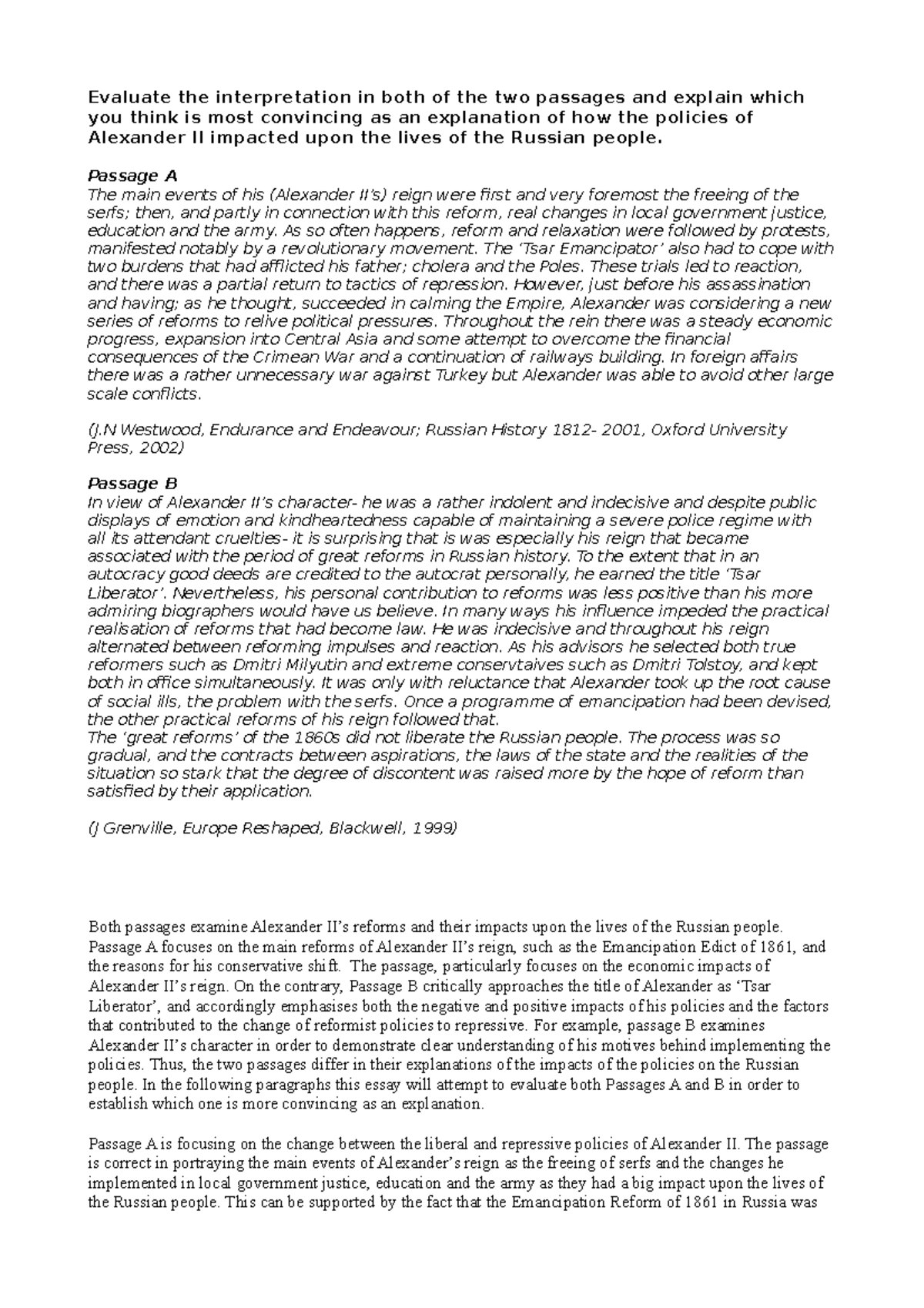 A2 Level Essay: Evaluating the Impact of Alexander II's Reforms on ...