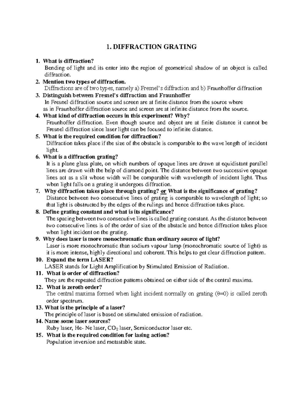 ENGINEERING PHYSICS LAB VIVA QUESTION ANSWEERS - 1. DIFFRACTION GRATING ...