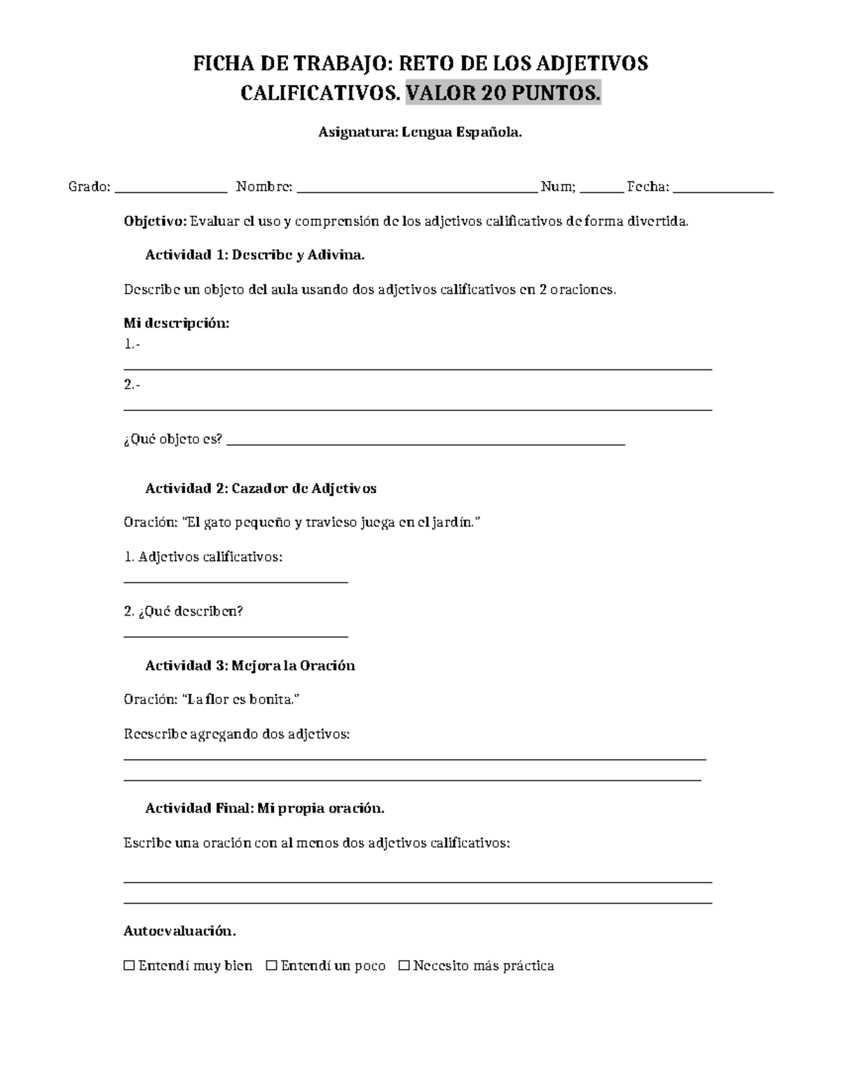 FICHA DE TRABAJO: RETO DE ADJETIVOS CALIFICATIVOS - LENGUA ESPAÑOLA ...