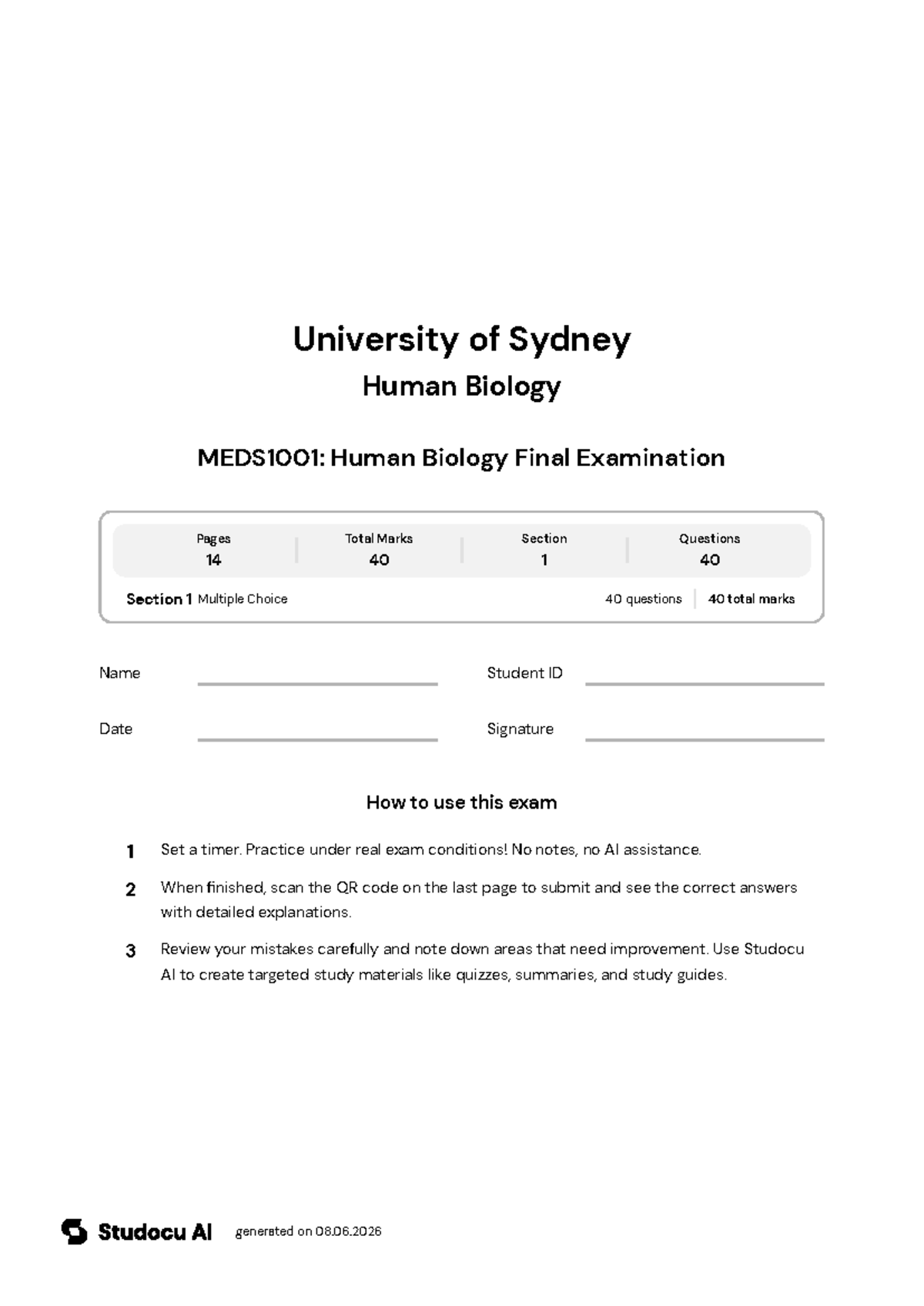 MEDS1001: Human Biology Final Examination - Studocu