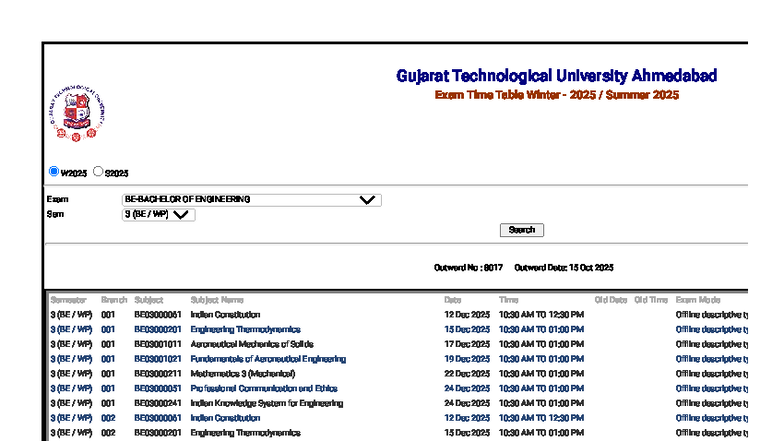 Gujarat Technological University (GTU) Sem 3 Exam Time Table W2025 ...
