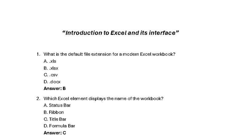 Excel MCQ - Comprehensive Guide to Excel Functions and Features - Studocu