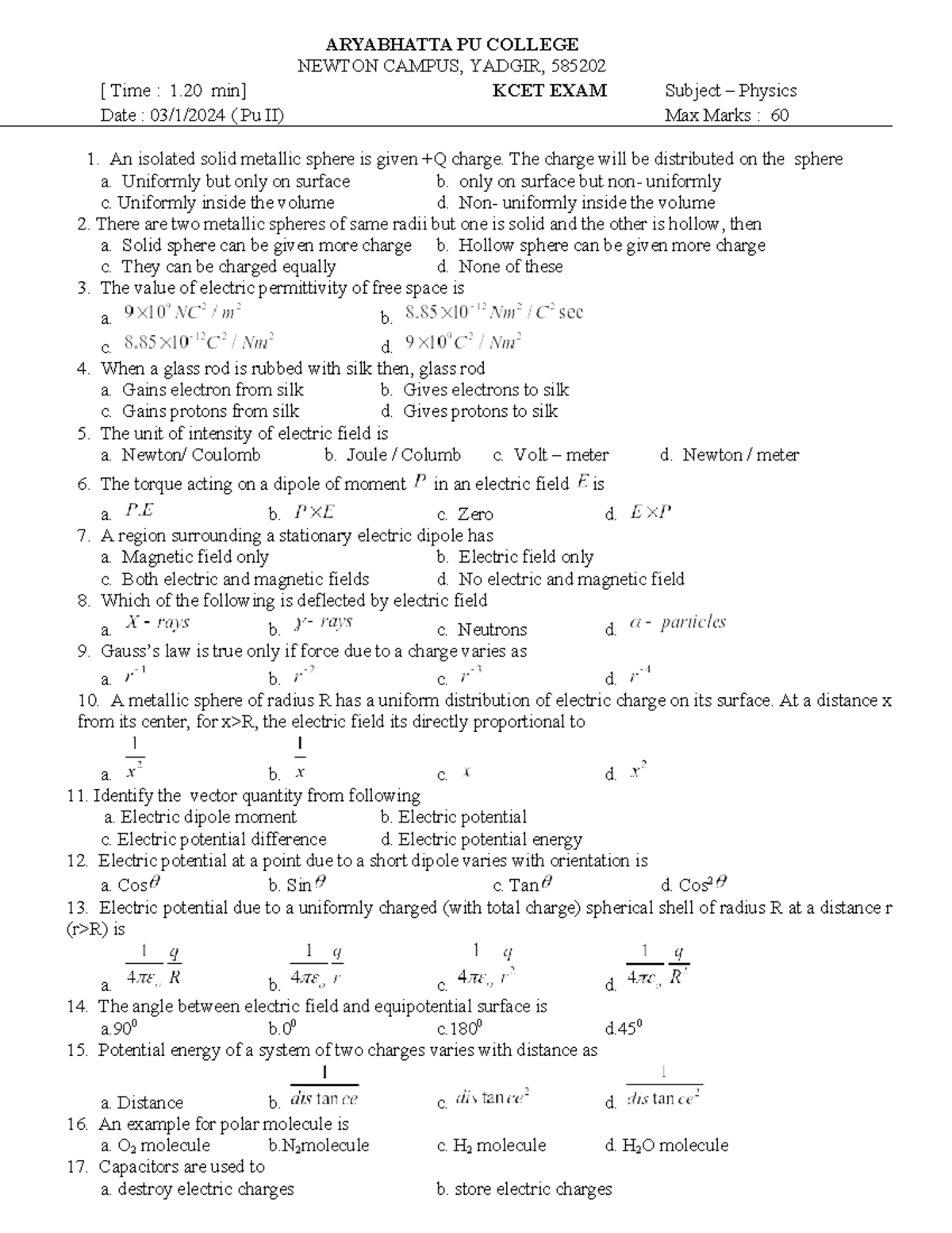 KCET Physics Exam Paper - Aryabhatta PU College - Studocu
