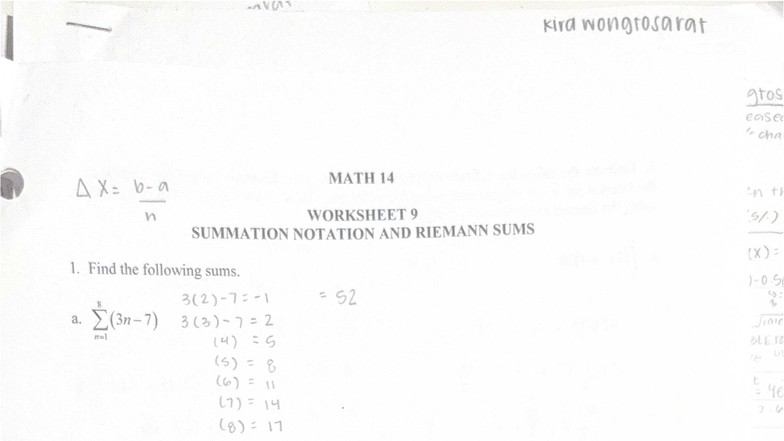 MATH 14 Worksheet 9: Summation Notation & Riemann Sums Practice - Studocu