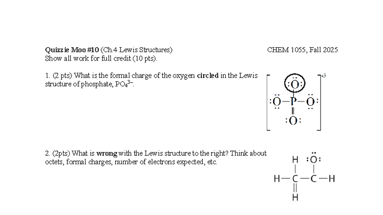 Quiz 10: Lewis Structures & Formal Charges (CHEM 1055, Fall 2025) - Studocu
