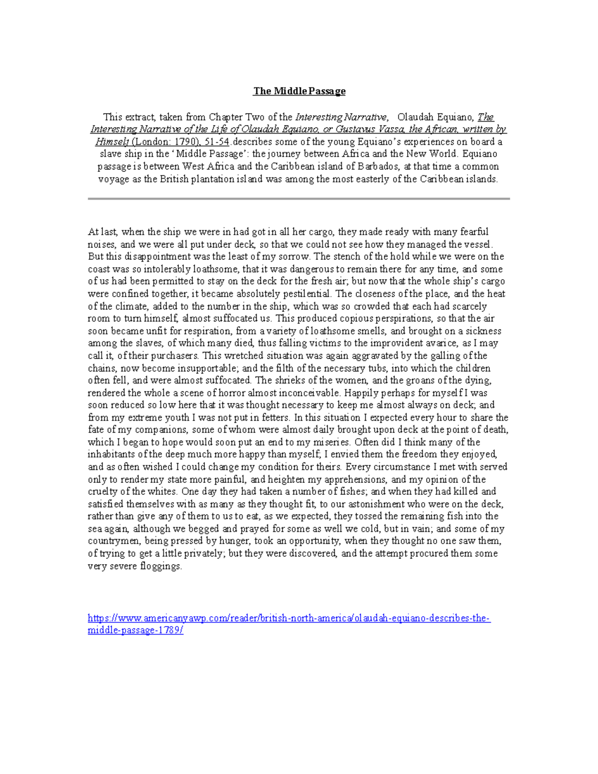 Equiano Middle Passage Excerpt - The Middle Passage This extract, taken ...