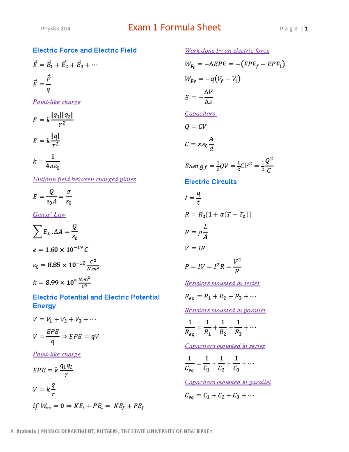 Physics 204 Exam 1 Formula Sheet: Electric Forces & Fields - Studocu