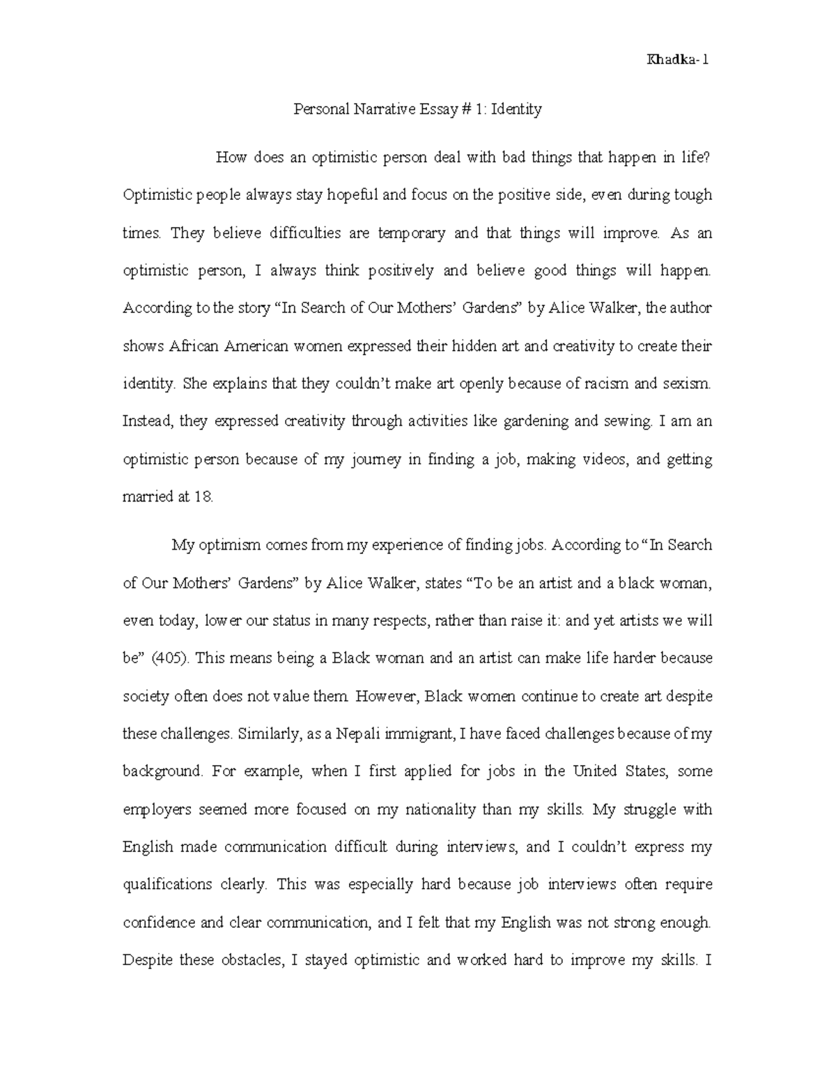 Essay # 1 Final Draft# Identity - Personal Narrative Essay # 1 ...