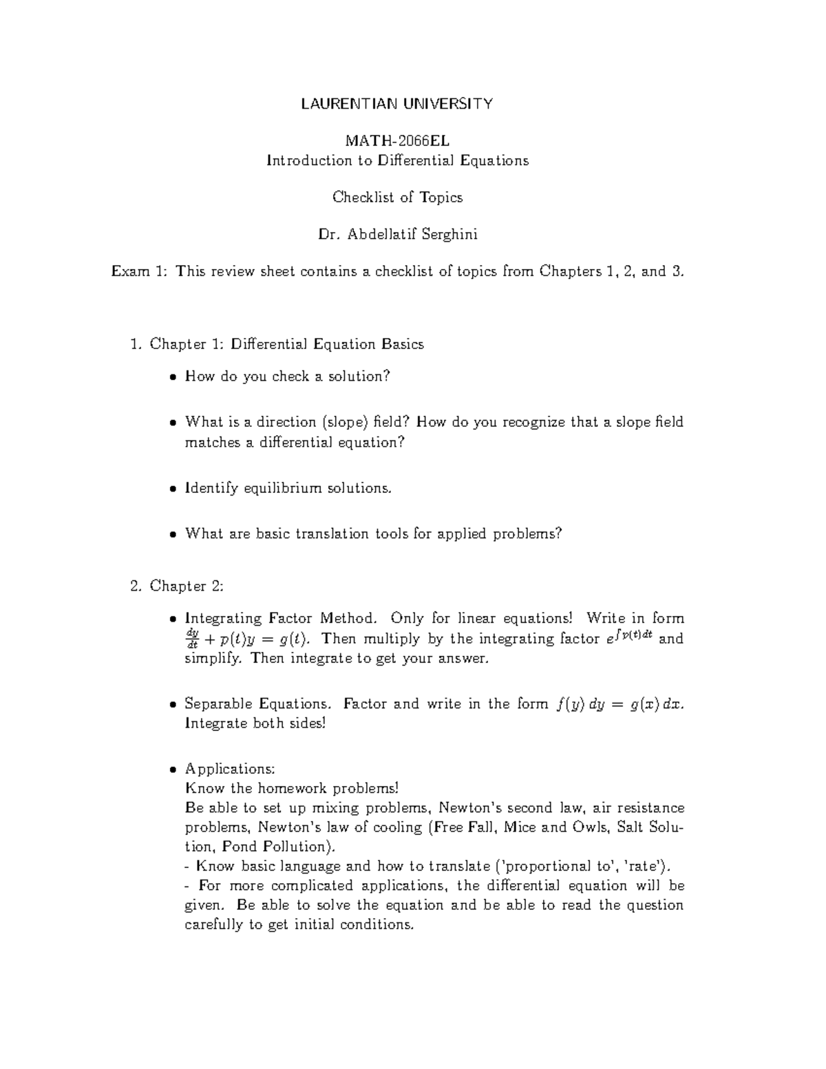 Math 2066 Test 1 Review: Differential Equations Topics Checklist - Studocu