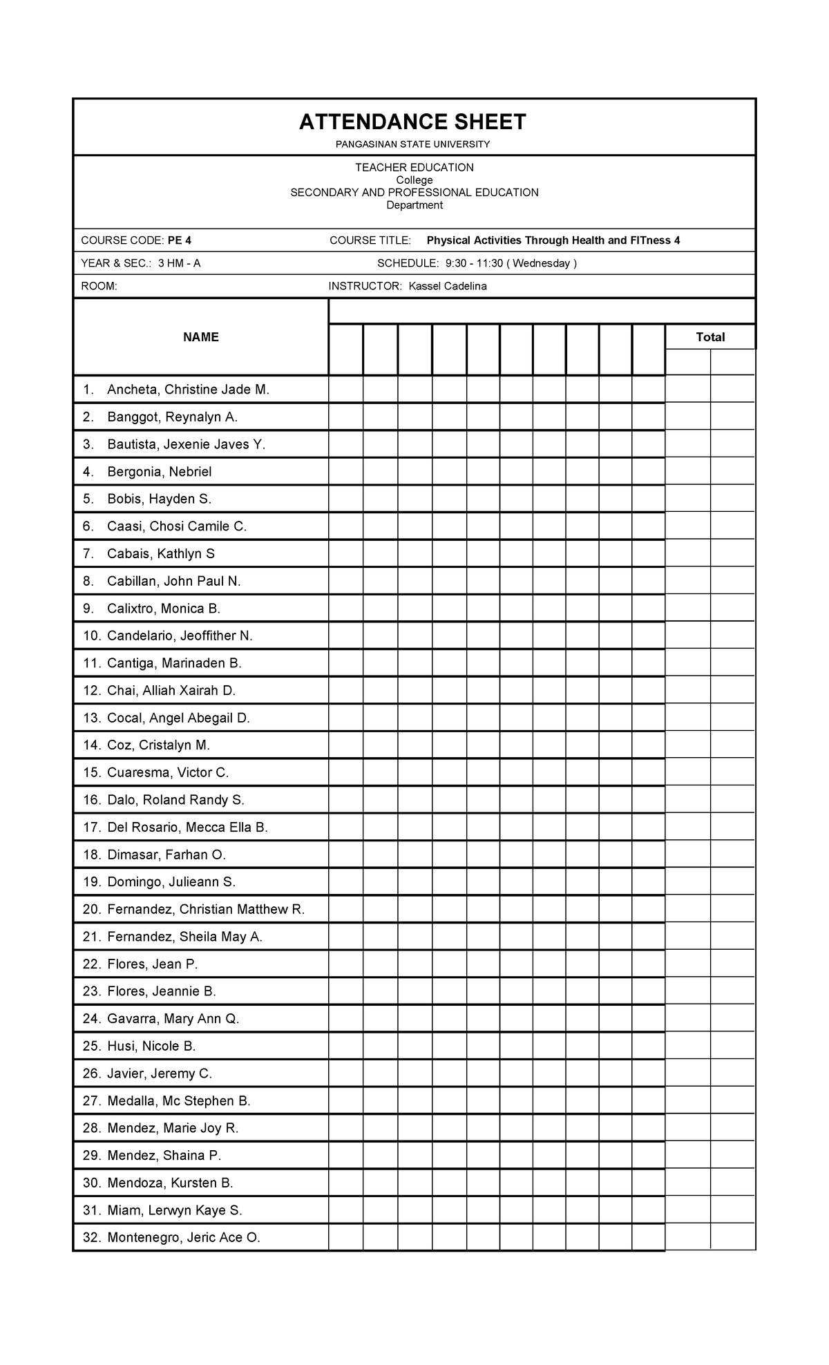 PE 4 Attendance Sheet for Physical Activities Through Health & Fitness ...