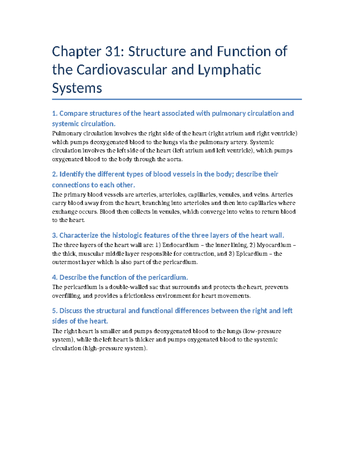 Chapter 31: Cardiovascular & Lymphatic Systems Overview and Functions ...