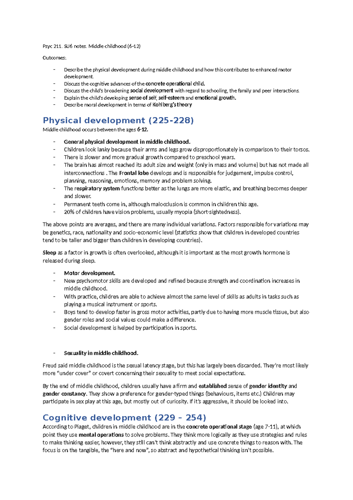 Psyc 211 SU6 Notes: Understanding Middle Childhood Development - Studocu