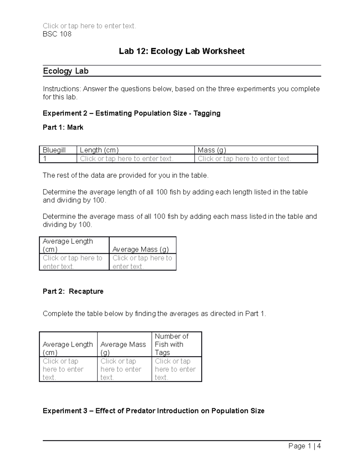 BSC 108 Lab 12: Ecology Worksheet & Population Estimation Methods - Studocu