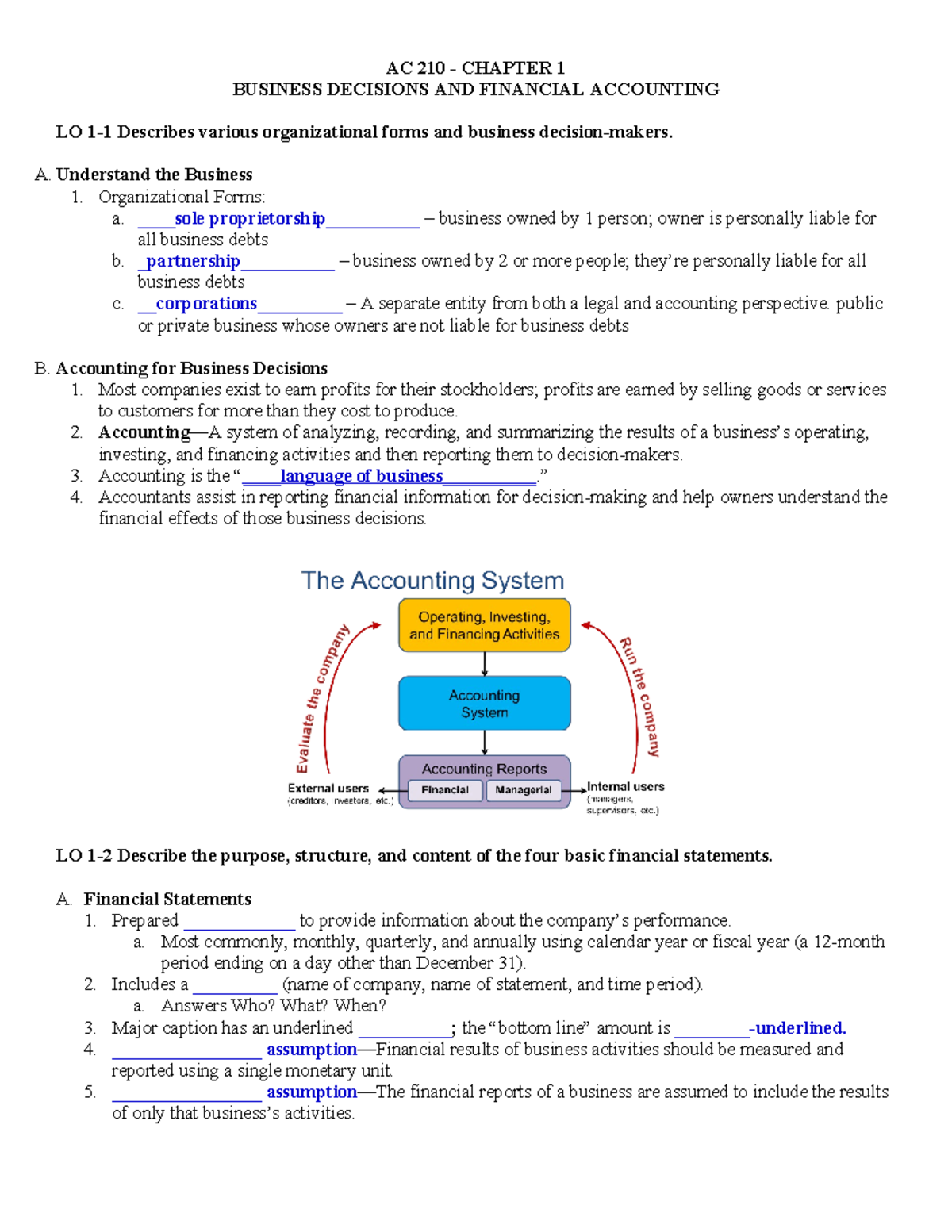 AC 210 - Chapter 1: Business Decisions & Financial Accounting Notes ...