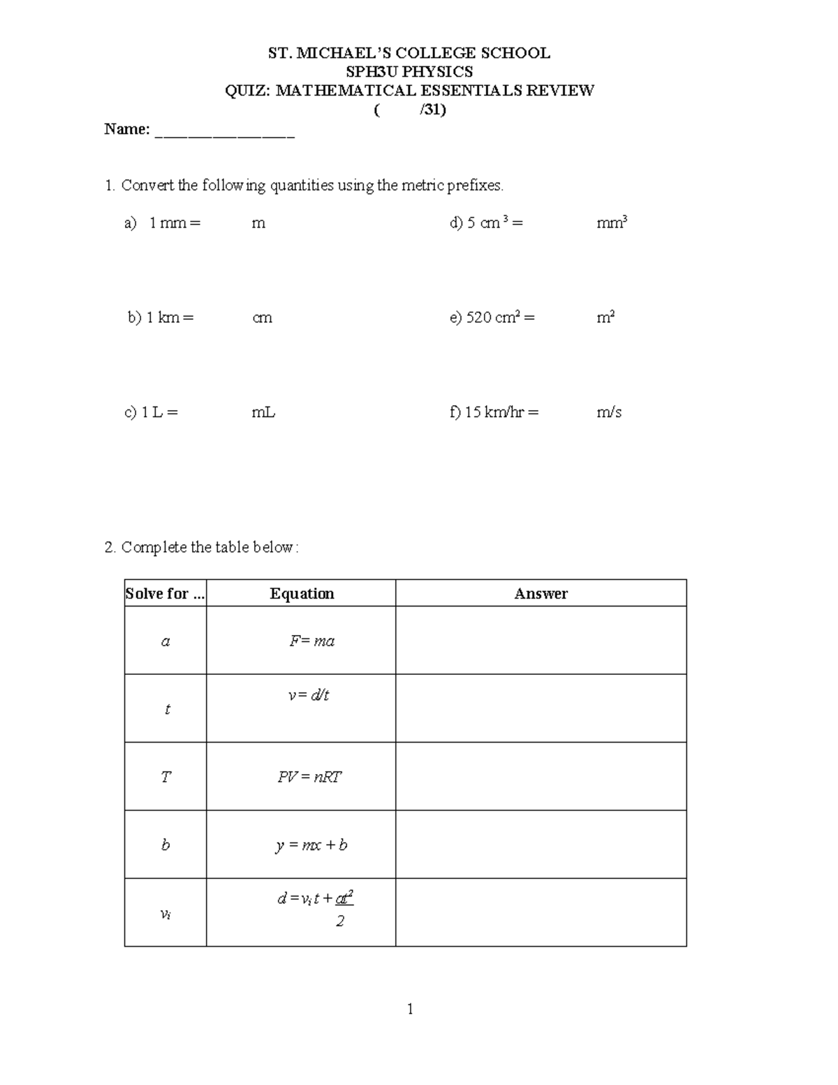 SPH3U Physics Quiz: Mathematical Essentials Review - Studocu