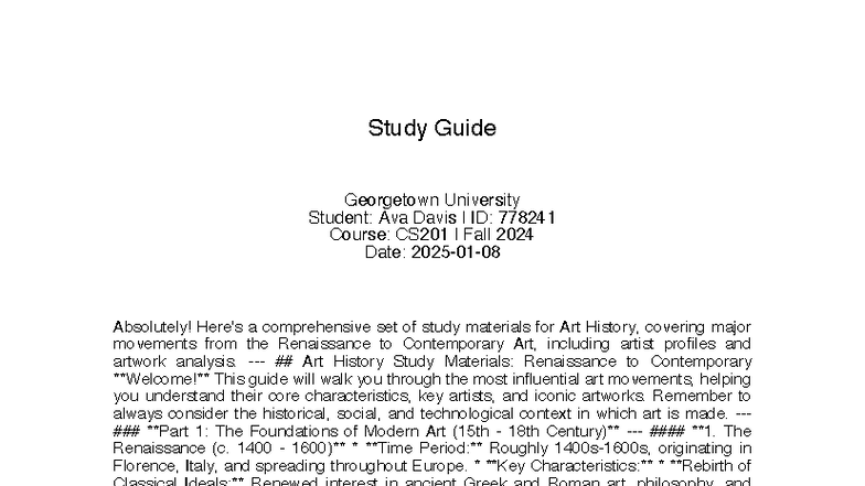 CS201 Art History Study Guide: Renaissance to Contemporary - Studocu
