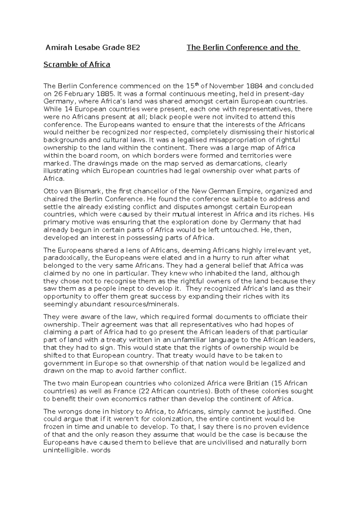 Grade 8E2 Essay: The Berlin Conference & Africa's Scramble - Studocu