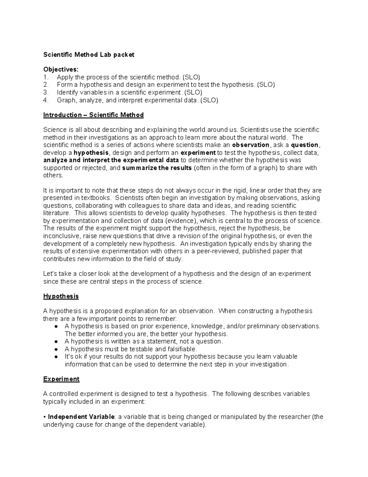 Scientific Method Lab Packet: Experiment Design and Data Analysis ...