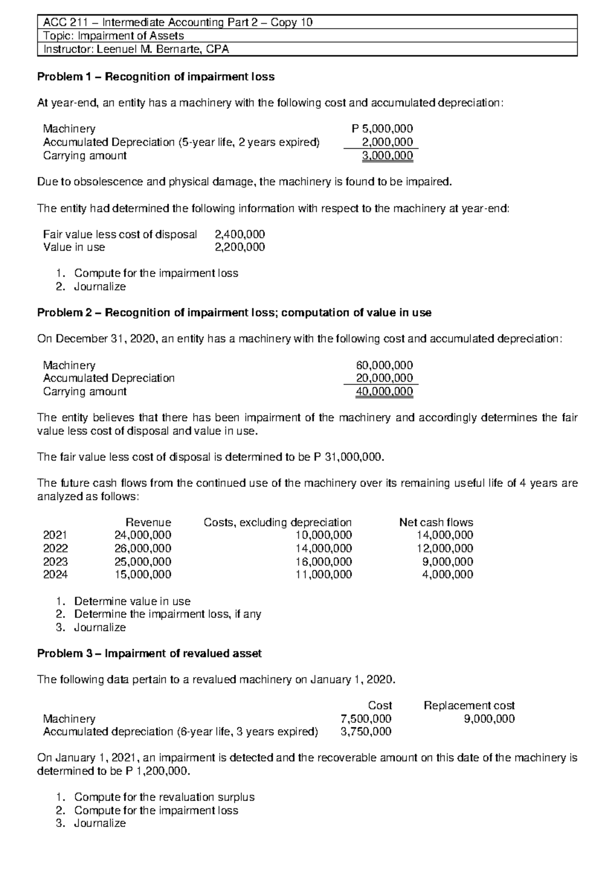 ACC 211 Final Exam: Sample Problems on Impairment of Assets - Studocu