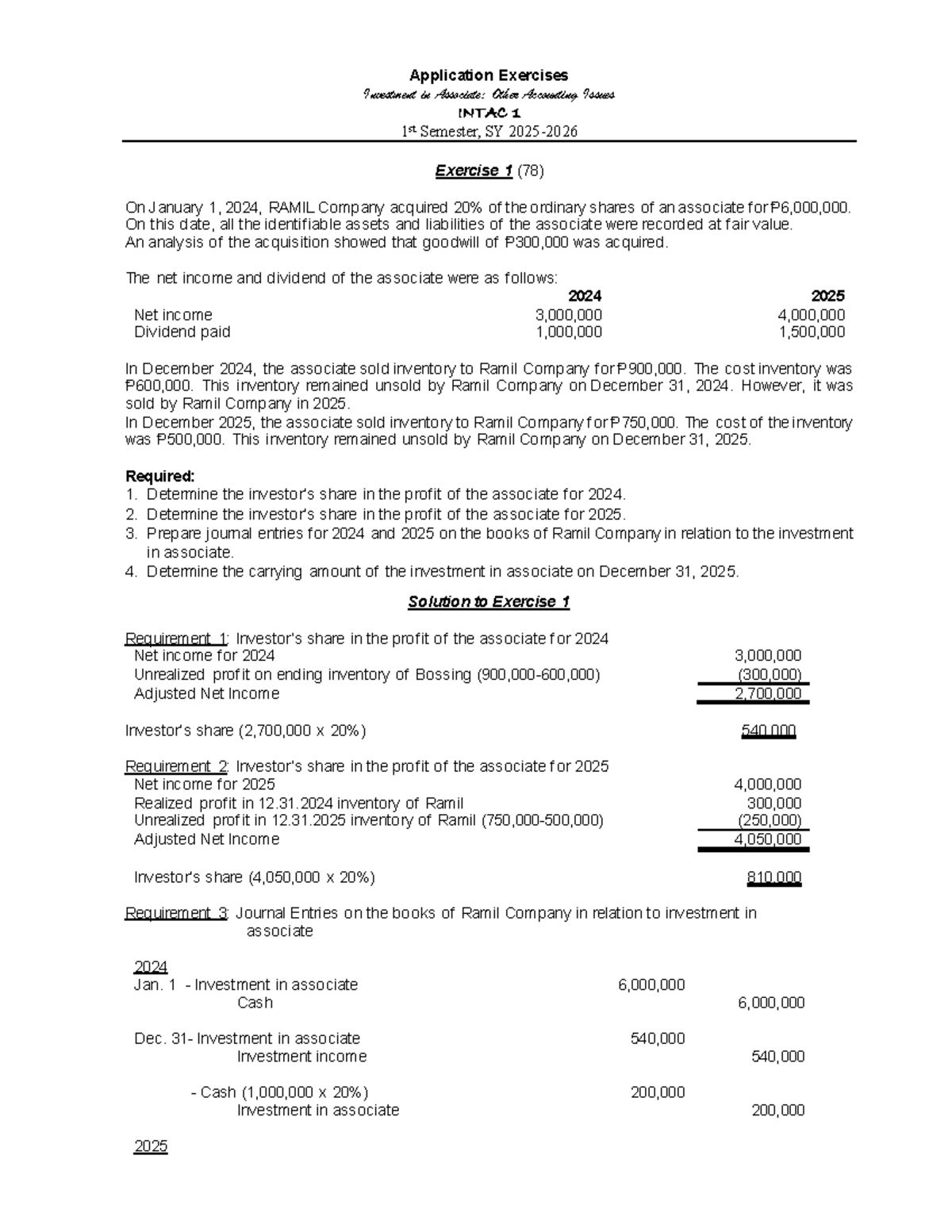 Investment in Associate: Accounting Exercises INT AC 1 1st Sem - Studocu