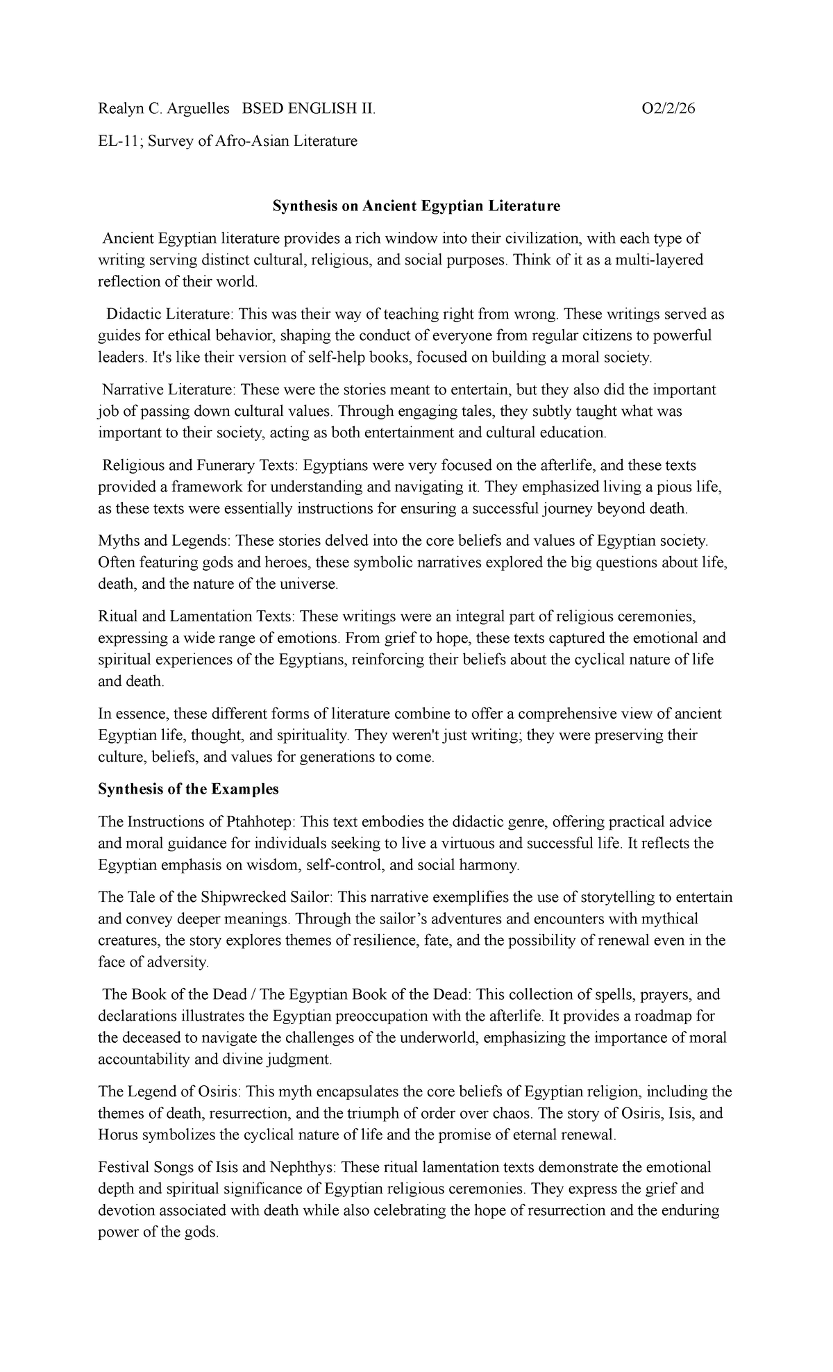 BSED ENGLISH II: Synthesis of Ancient Egyptian Literature - Studocu