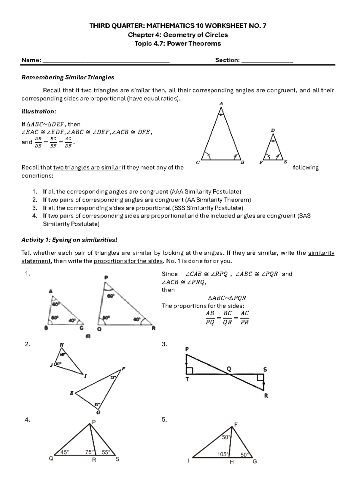 Q3 Math 10 Worksheet 7: Geometry of Circles & Power Theorems - Studocu