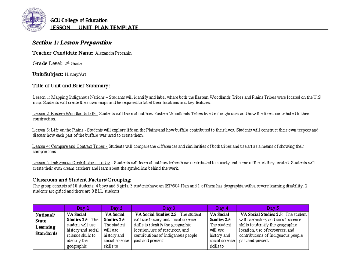 GCU ELM 351 Lesson Unit Plan: Exploring Indigenous Nations - Studocu