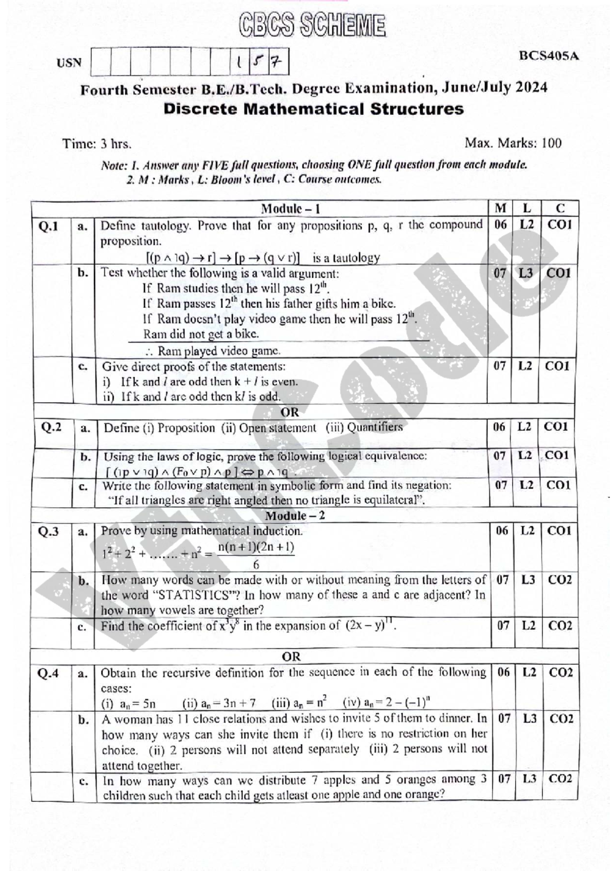 BCS405A Fourth Semester Exam: Discrete Mathematical Structures Guide - Studocu