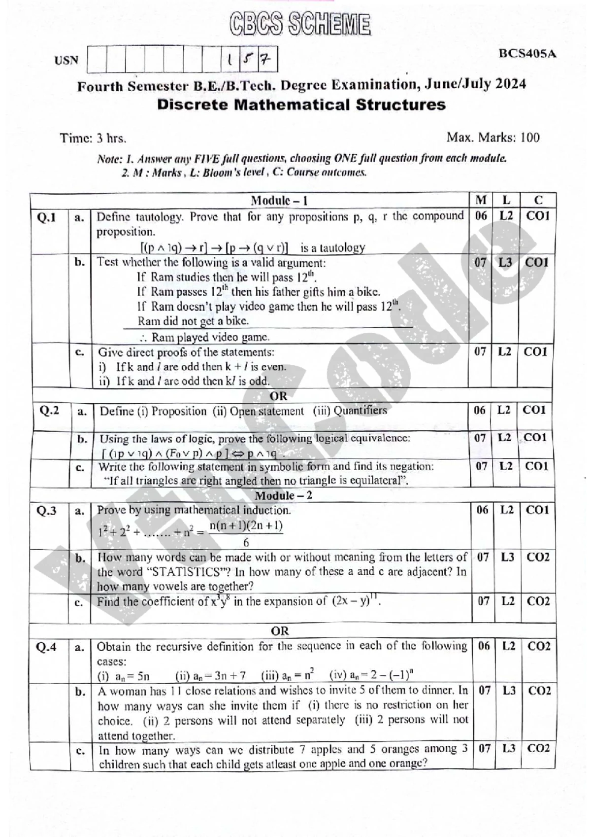 BCS405A Discrete Mathematical Structures Exam Solutions - Studocu