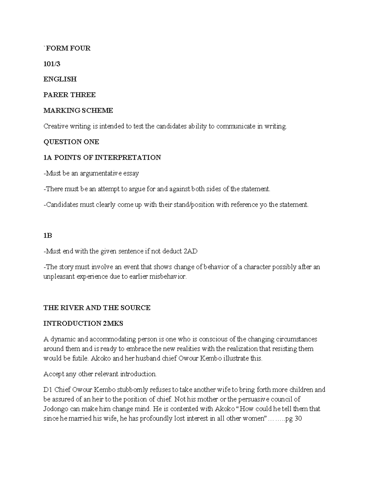 English Form 4 Paper 3 Marking Scheme: Creative Writing Insights - Studocu