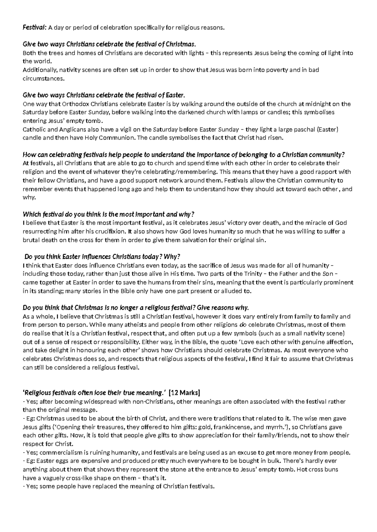 Yr 9 PoR Christian Festivals: Understanding Christmas and Easter ...