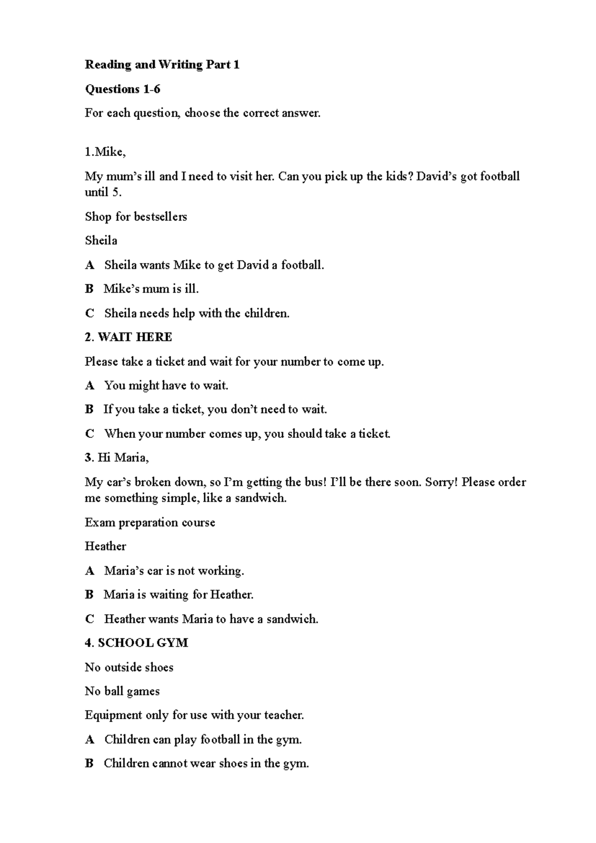 Reading and Writing 1 - English KET Exam Questions and Answers - Studocu