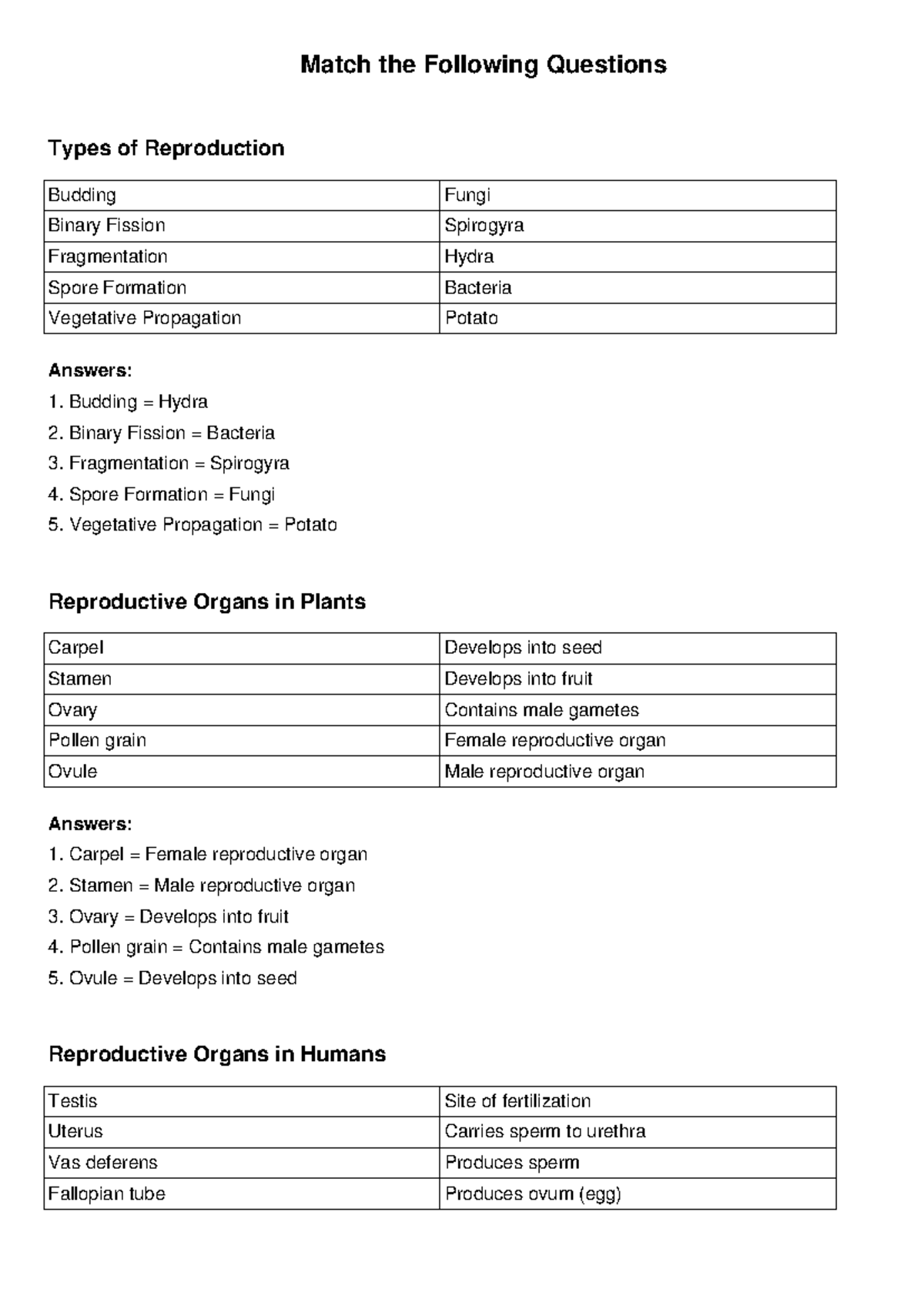 Match the Following Questions - Studocu