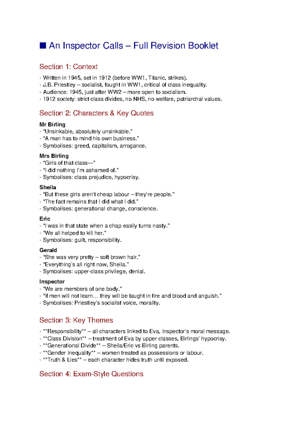 An Inspector Calls Revision Booklet: Context, Characters & Themes - Studocu