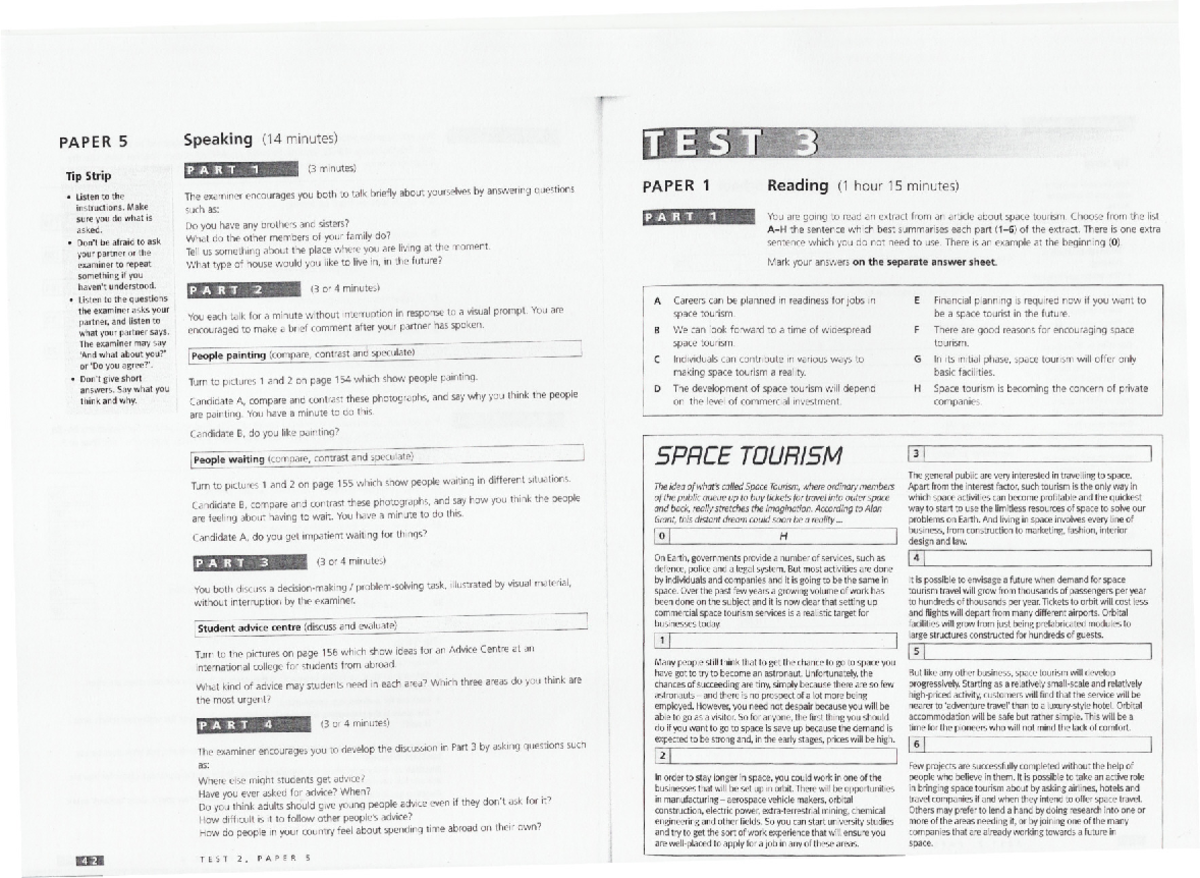 FCE Practice Tests Plus: Speaking Tips and Space Tourism Insights - Studocu